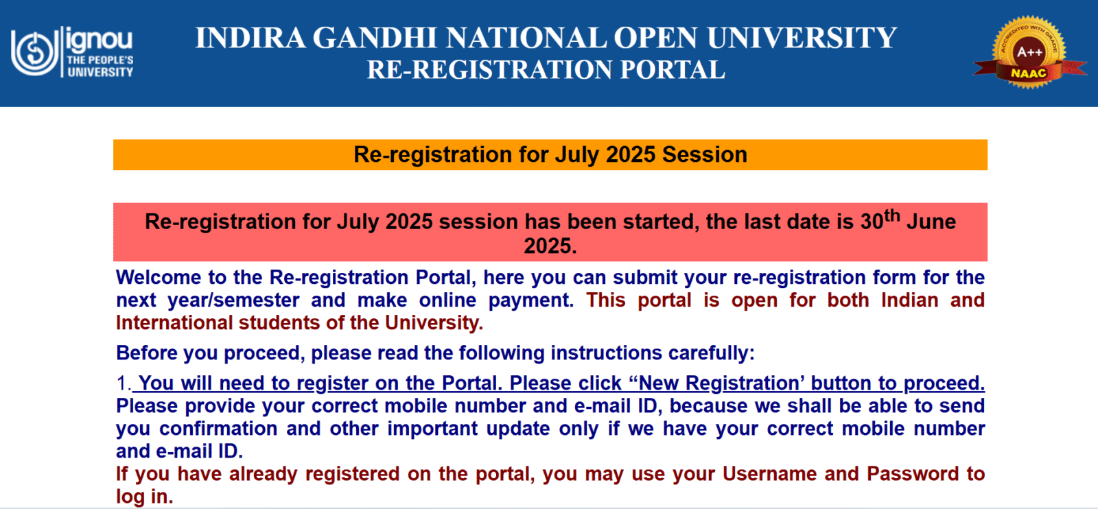 IGNOU Re-registration 2025-26: Last Date, Fees & Status